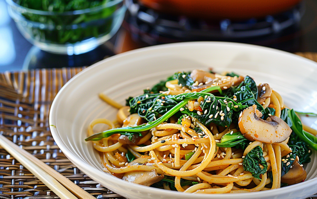 Spicy Asian Pasta Kale Mushrooms - Kim Kim Cooking